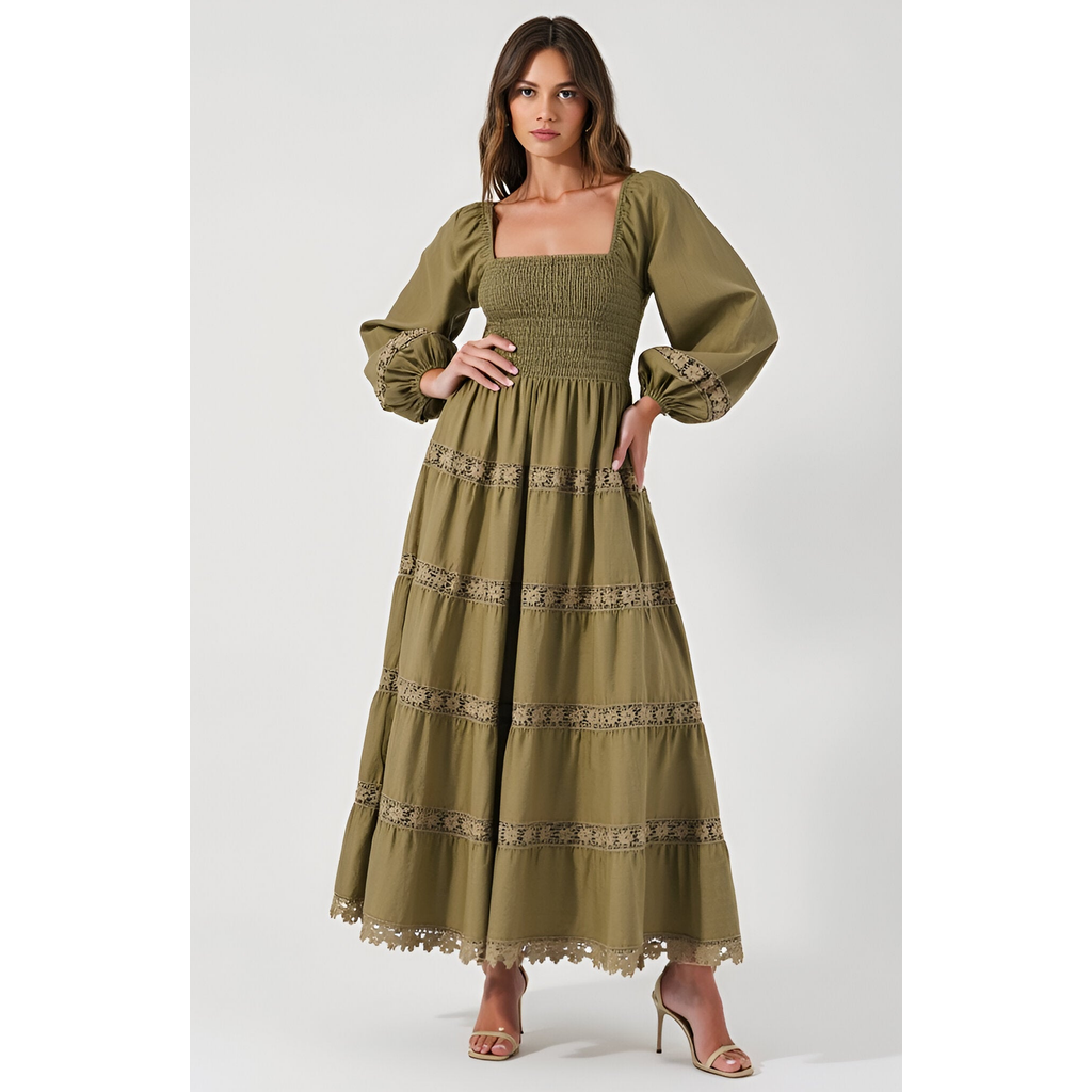 MODENAIRE Smocked Bodice Maxi Dress with Lace Inset